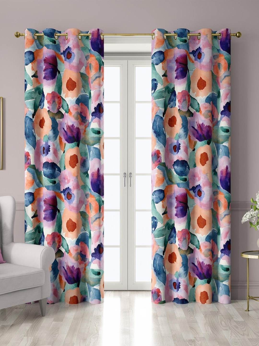 Multicolor Floral Pattern Curtains, Watercolor Style Colorful Botanical ...