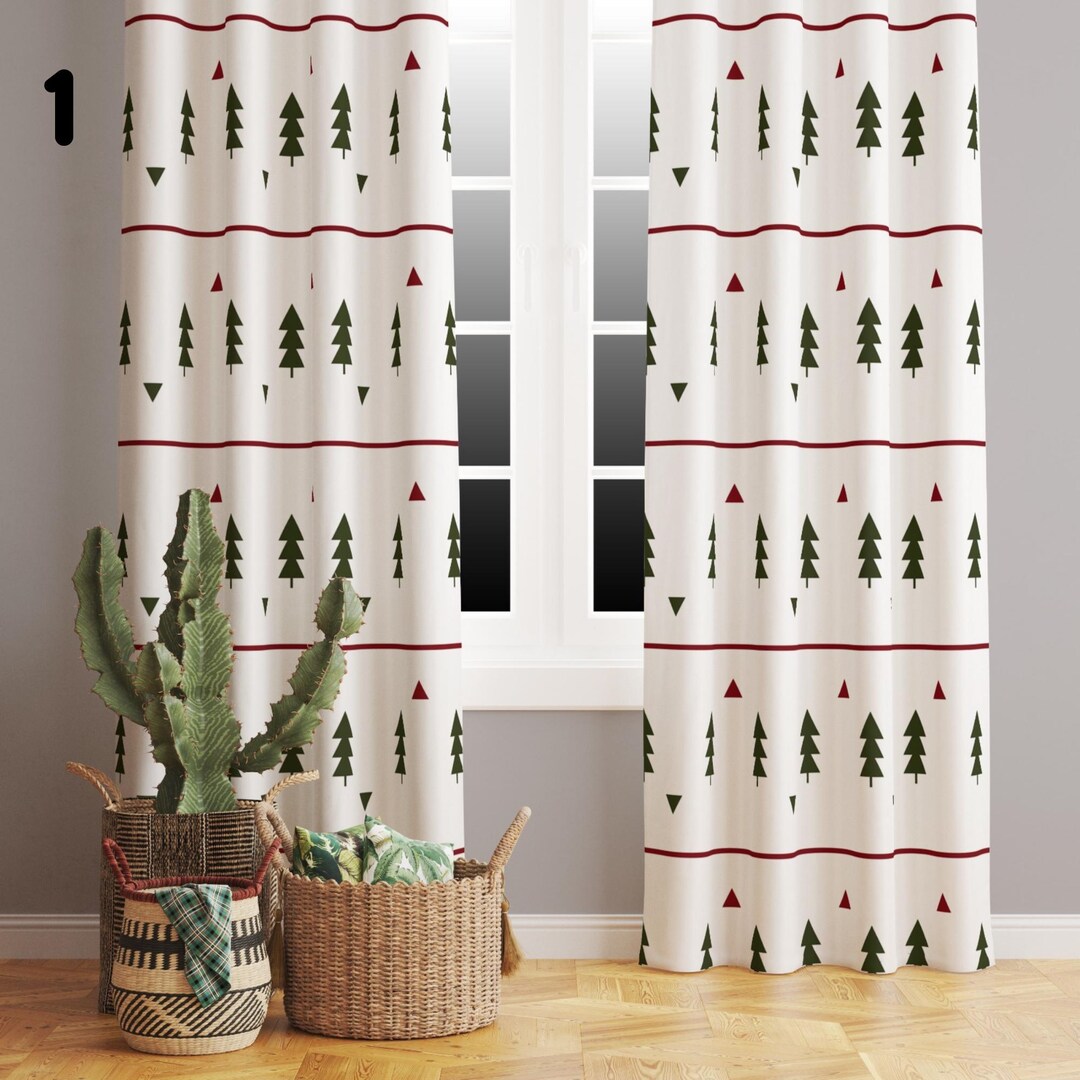 Christmas Tree Curtain Panel - Festive Red and Green Holiday Curtains ...