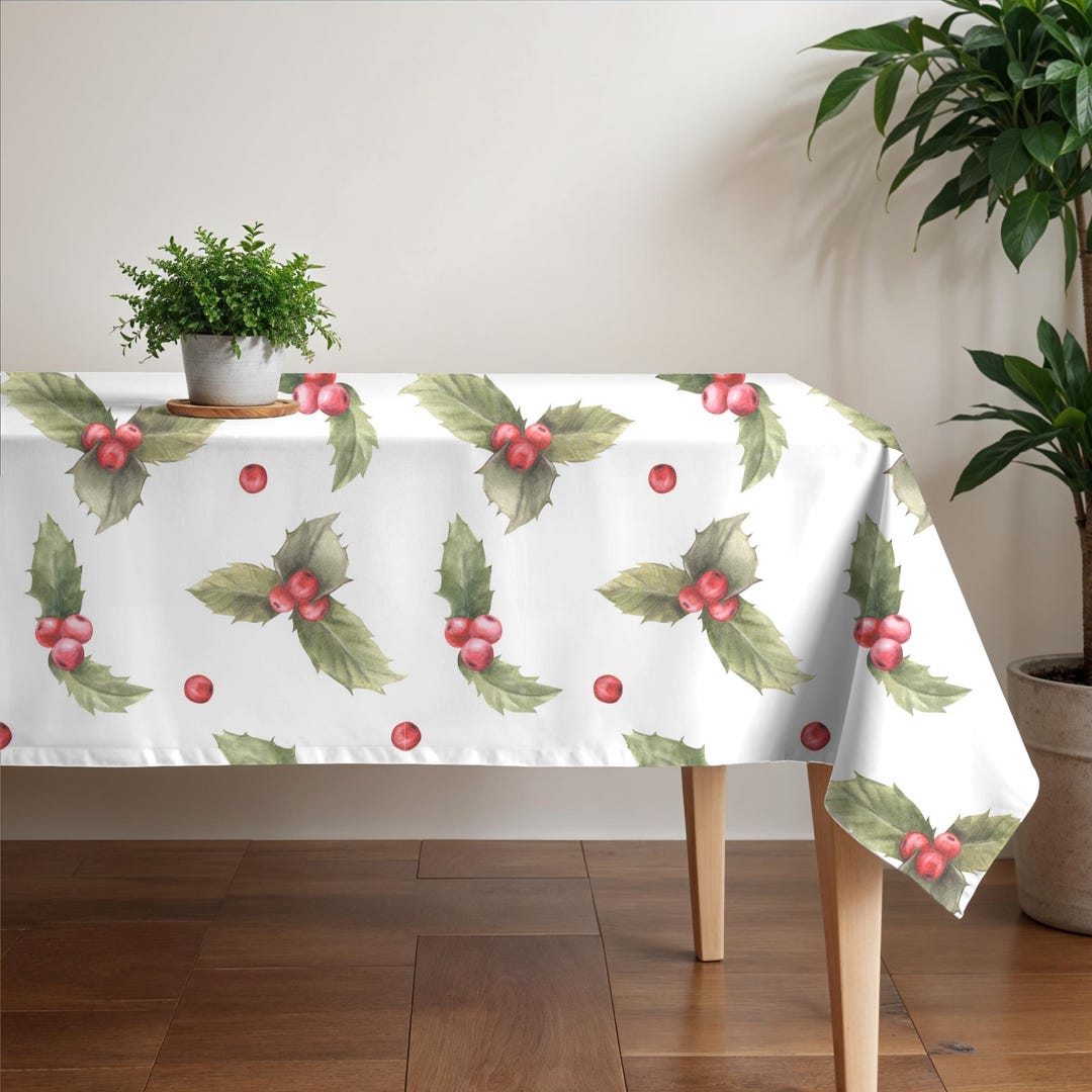 Christmas Holly Berry Tablecloth - Holiday Table Cover With Red Berries ...