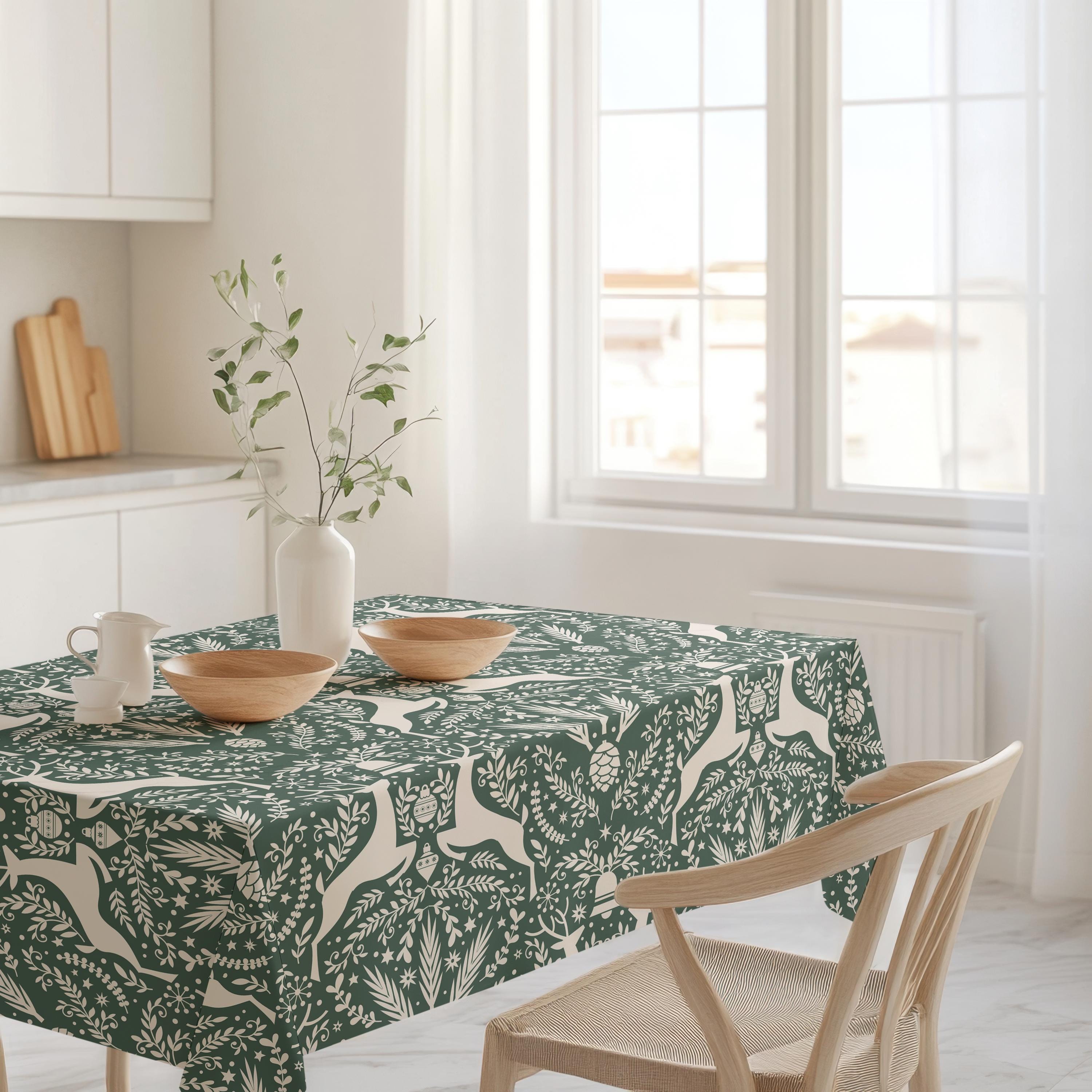 Scandinavian Folk Art Christmas Tablecloth, Forest Green Winter Birds ...