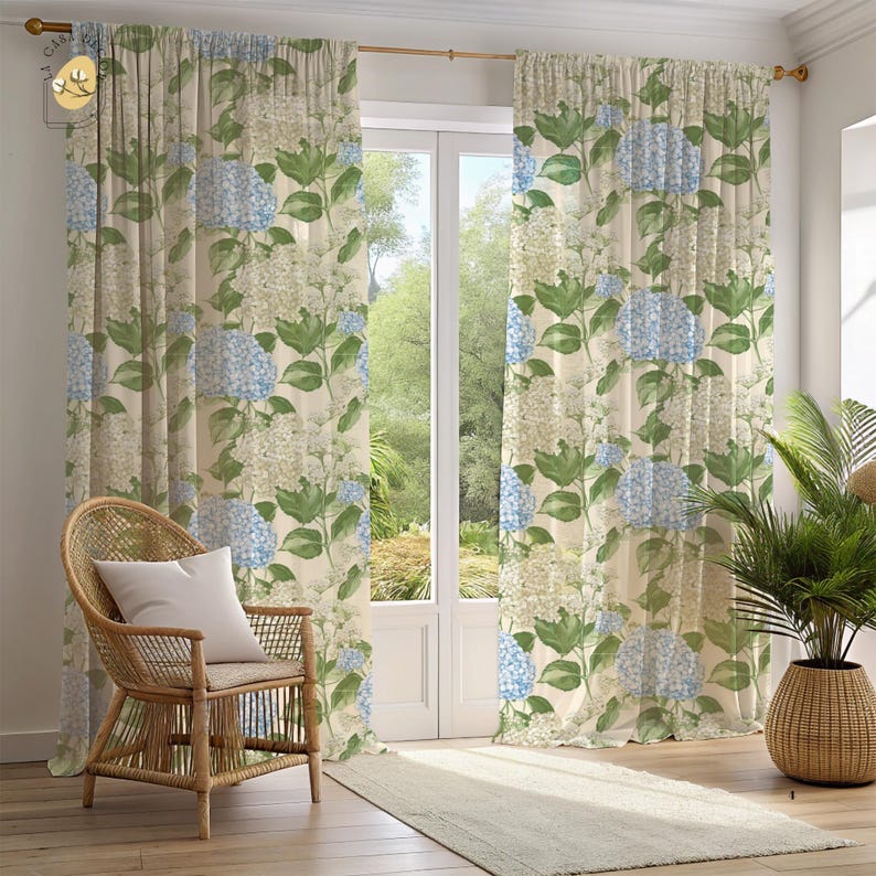 Blue Hydrangea Floral Curtains – Cottage Style Botanical Drapes, Window ...