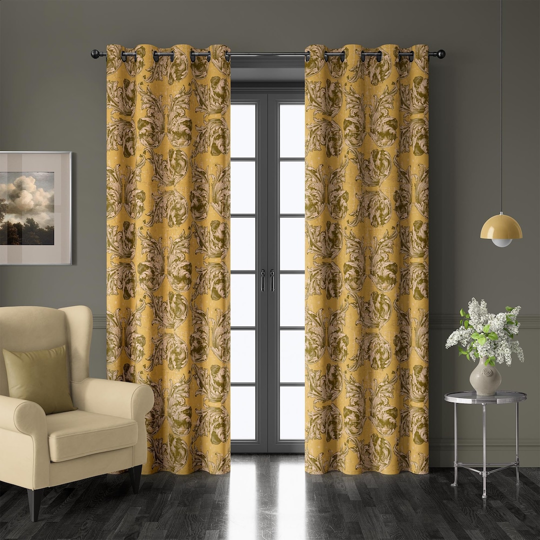 Mustard Yellow Floral Curtains, Vintage Botanical Pattern Drapes for ...