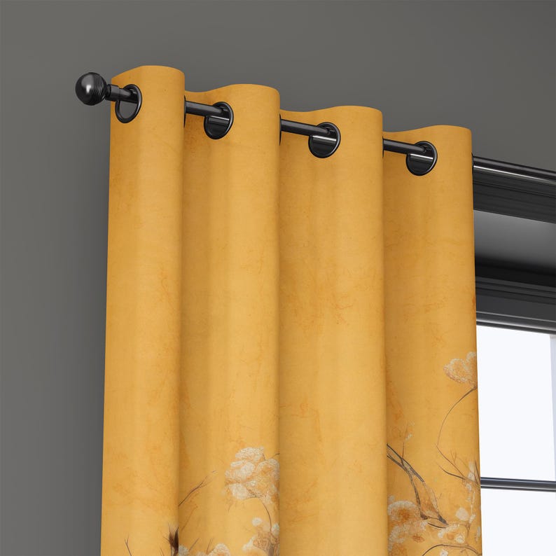 Mustard Yellow Chinoiserie Curtains, Victorian Bird and Floral Drapes ...
