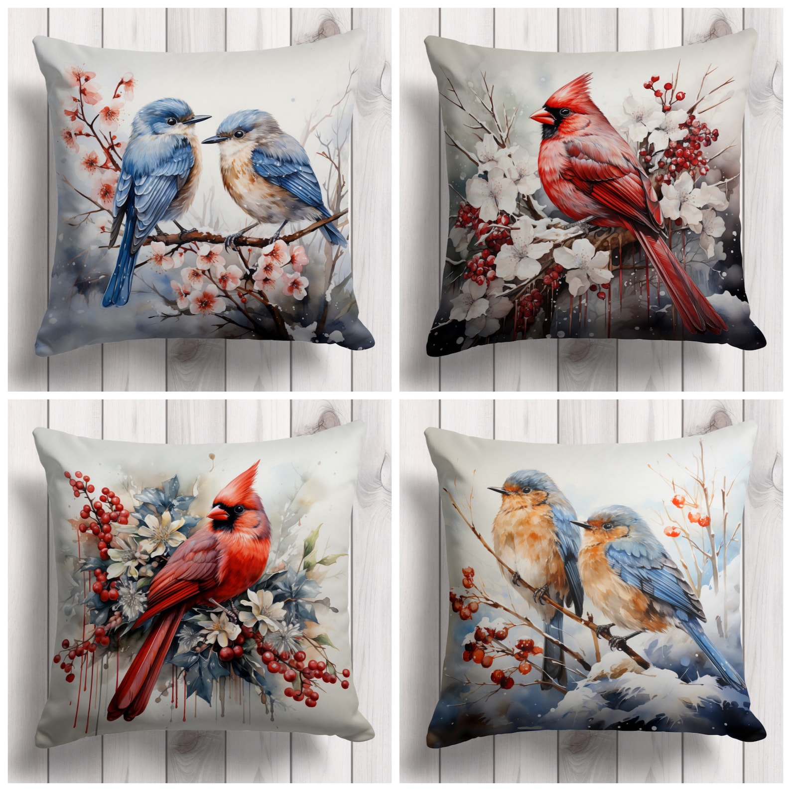 Xmas Red Bird Decor, Cardinal Bird & Eastern Blue Bird Pillow , Winter ...