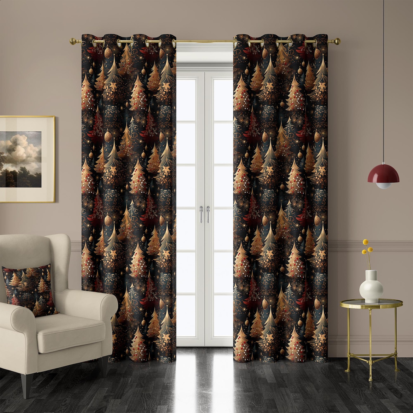 Gold and Red Christmas Tree Curtains, Elegant Holiday Drapes for Living ...