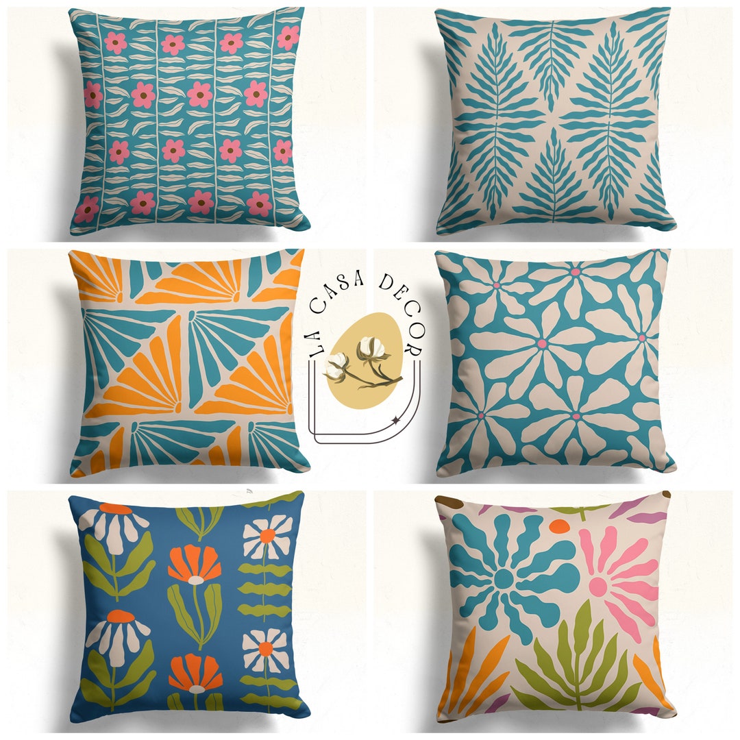 Geometric Floral Cushion Cover – Bold Patterns in Teal, Orange & Pink ...