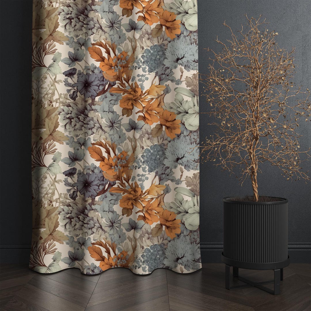 Rust Orange and Blue Floral Curtains, Vintage Botanical Drapes for ...