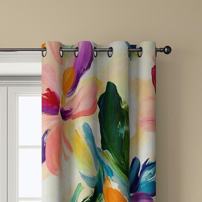 Colorful Floral Curtain, Bohemian Eclectic Large Brushstroke Flower ...