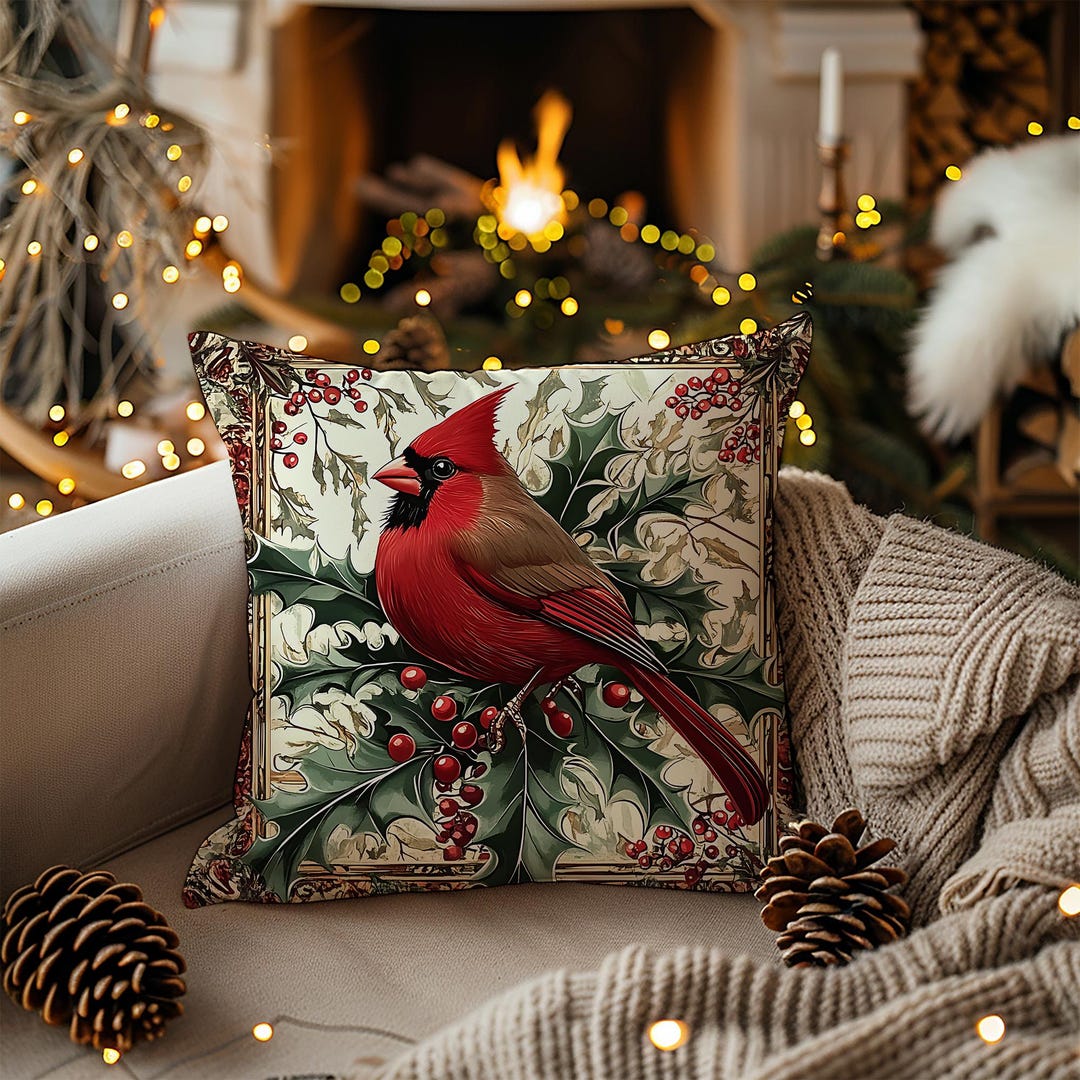 Cardinal Bird Christmas Pillow Cover, Red Holiday Cushion With Holly ...