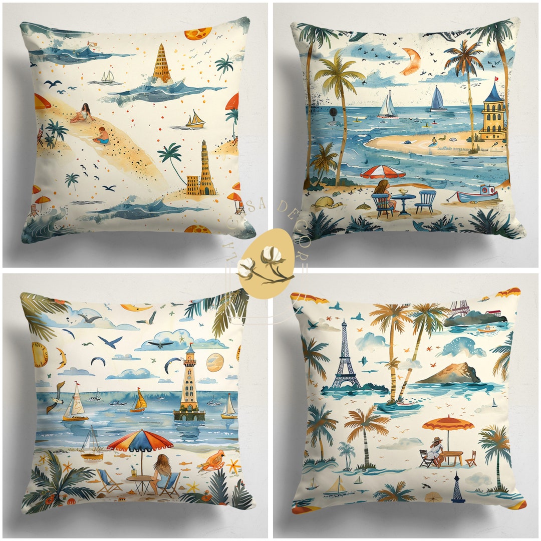 Beach Patterned Cushion Cover , Ocean Life Cushion Cover, Coastal Decor ...