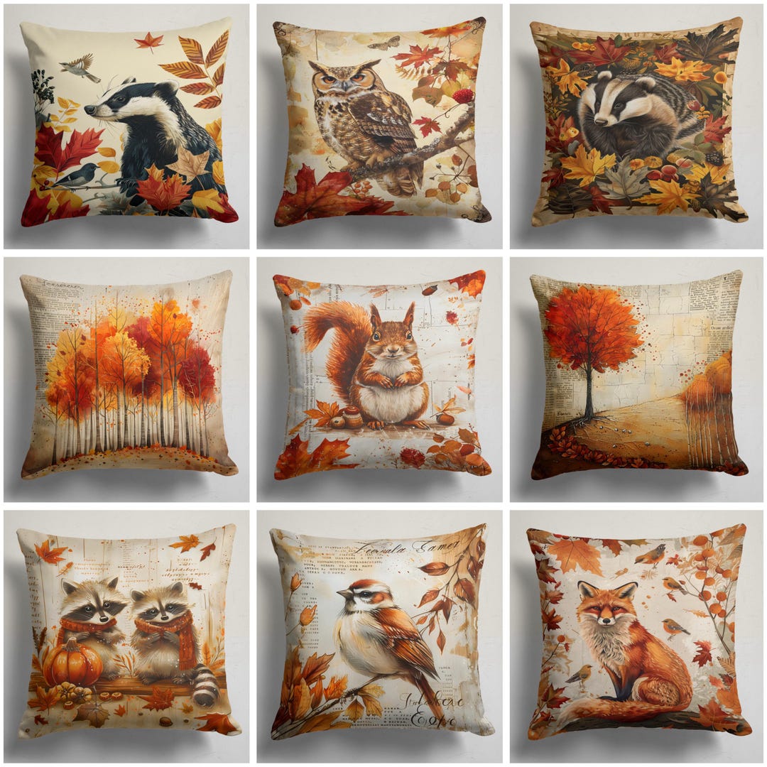 Woodland Animal Fall Pillow Covers, Fox, Squirrel and Owl Cushions With ...