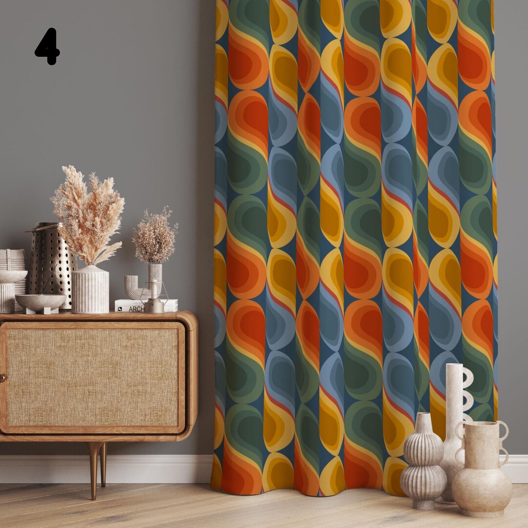 Retro Geometric Print Curtains, Bold Abstract Art Panel, Midcentury ...