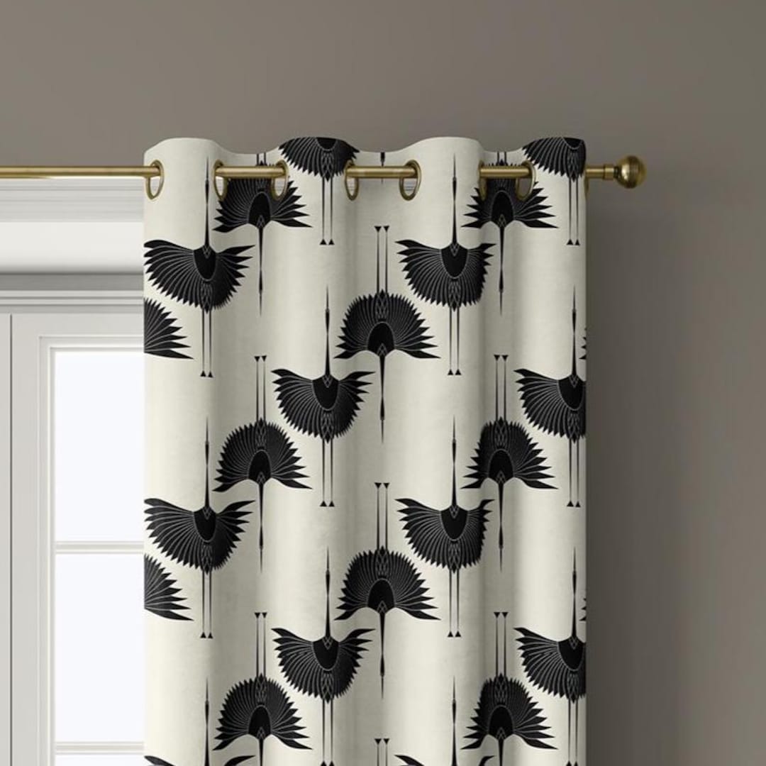 Black and White Art Deco Swan Curtains, Elegant Bird Pattern Drapes for ...