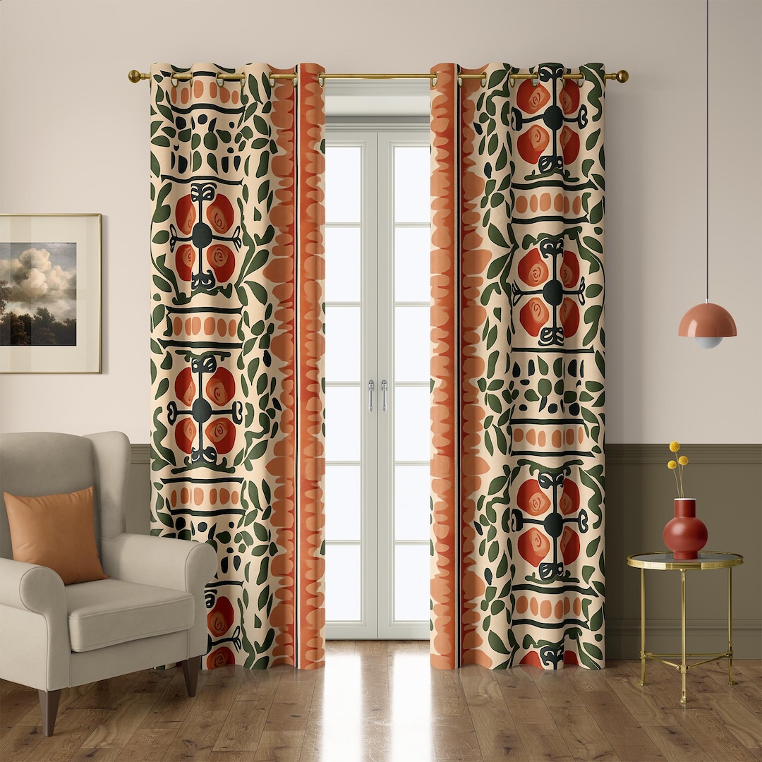 Terracotta Floral Curtain With Folk Art Motifs, Bohemian Botanical ...