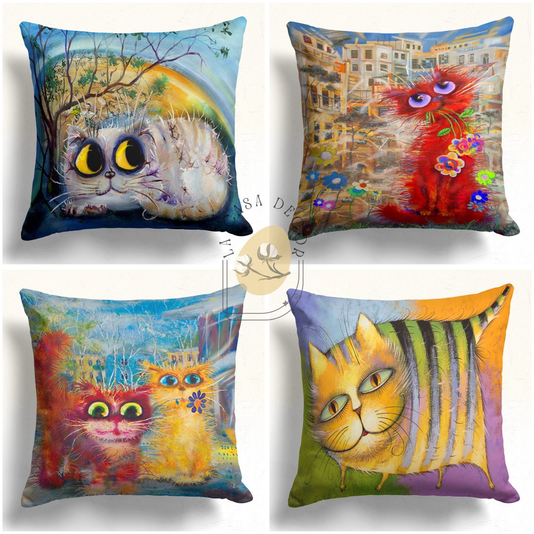 Cute Cats Pillow Case, Cat Illustration Cushion Case, Colorful Cute ...