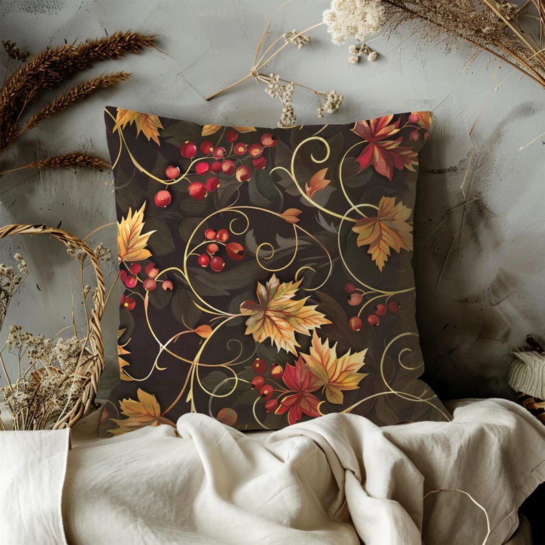 Botanical Harvest Pillow Cover, Rustic Autumn Cushion With Leaves ...