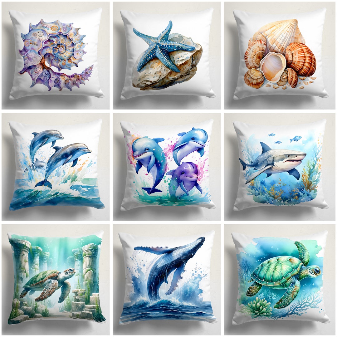 Ocean Theme Pillow Covers, Marine Life Cushion Decor, Sea Turtle ...