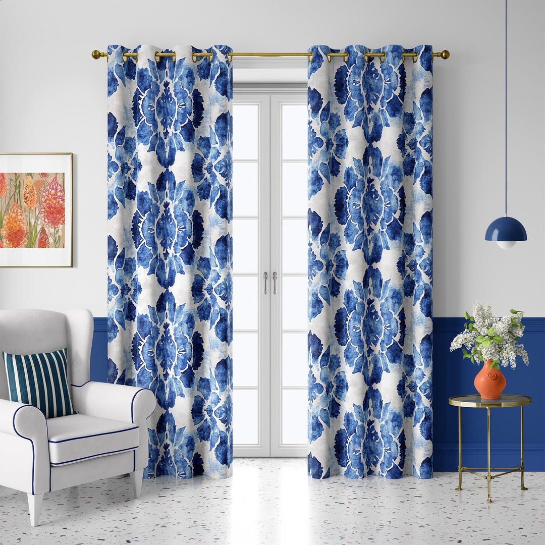 Moroccan Style Blue Medallion Curtains, Watercolor Patterned Custom ...