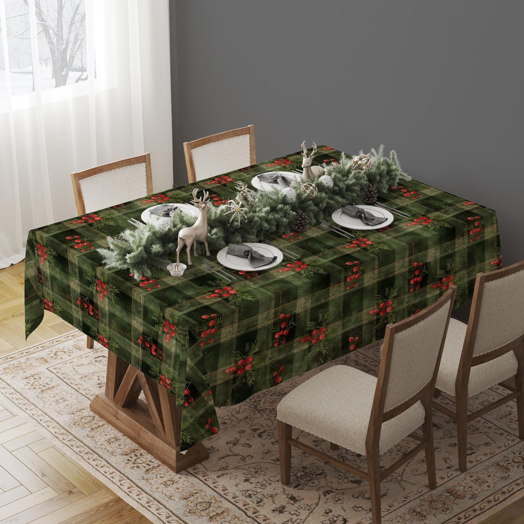 Green Plaid Christmas Tablecloth With Red Berries, Festive Holiday ...