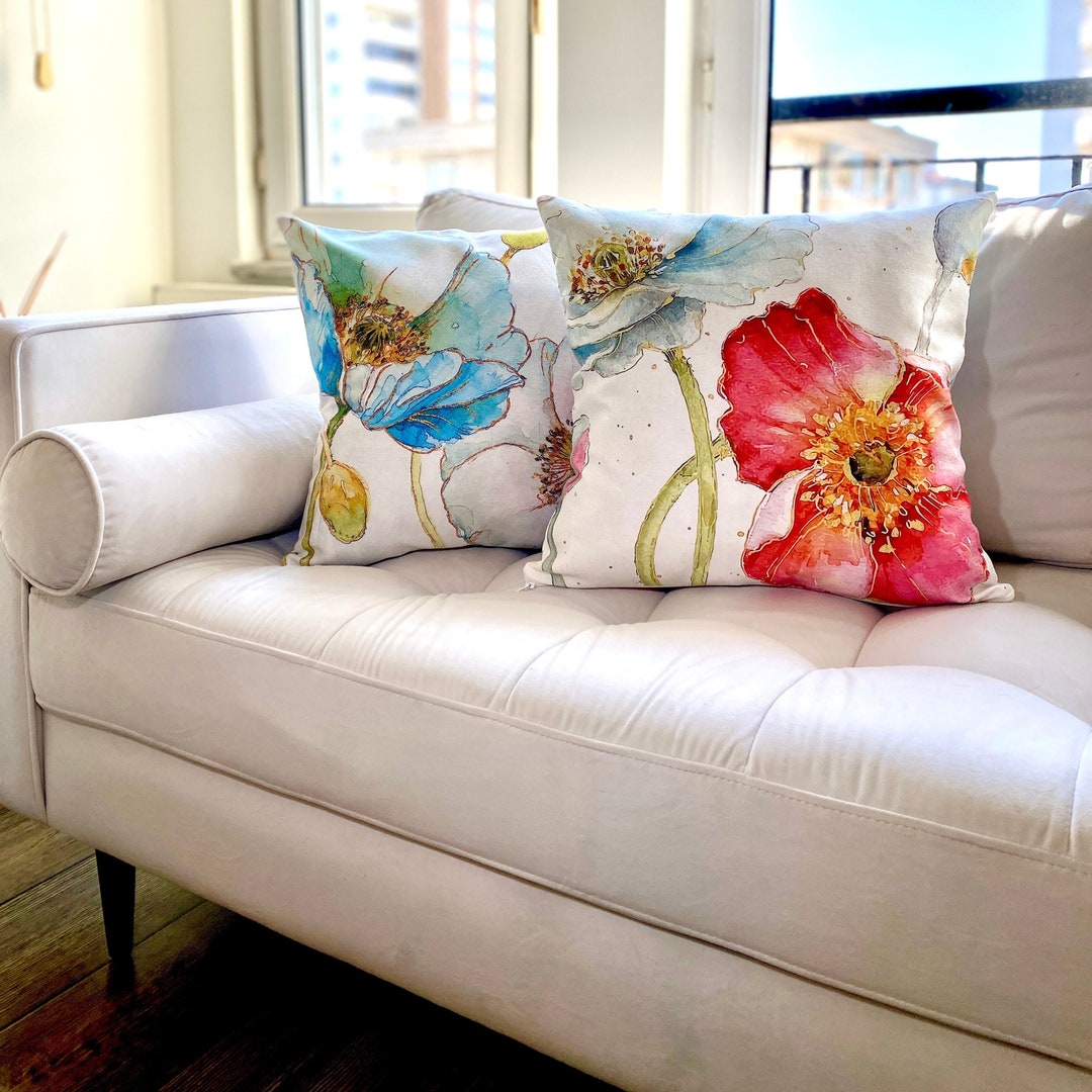 Watercolor Bloom Cushions With Red and Blue Flower Design for Boho Sofa ...