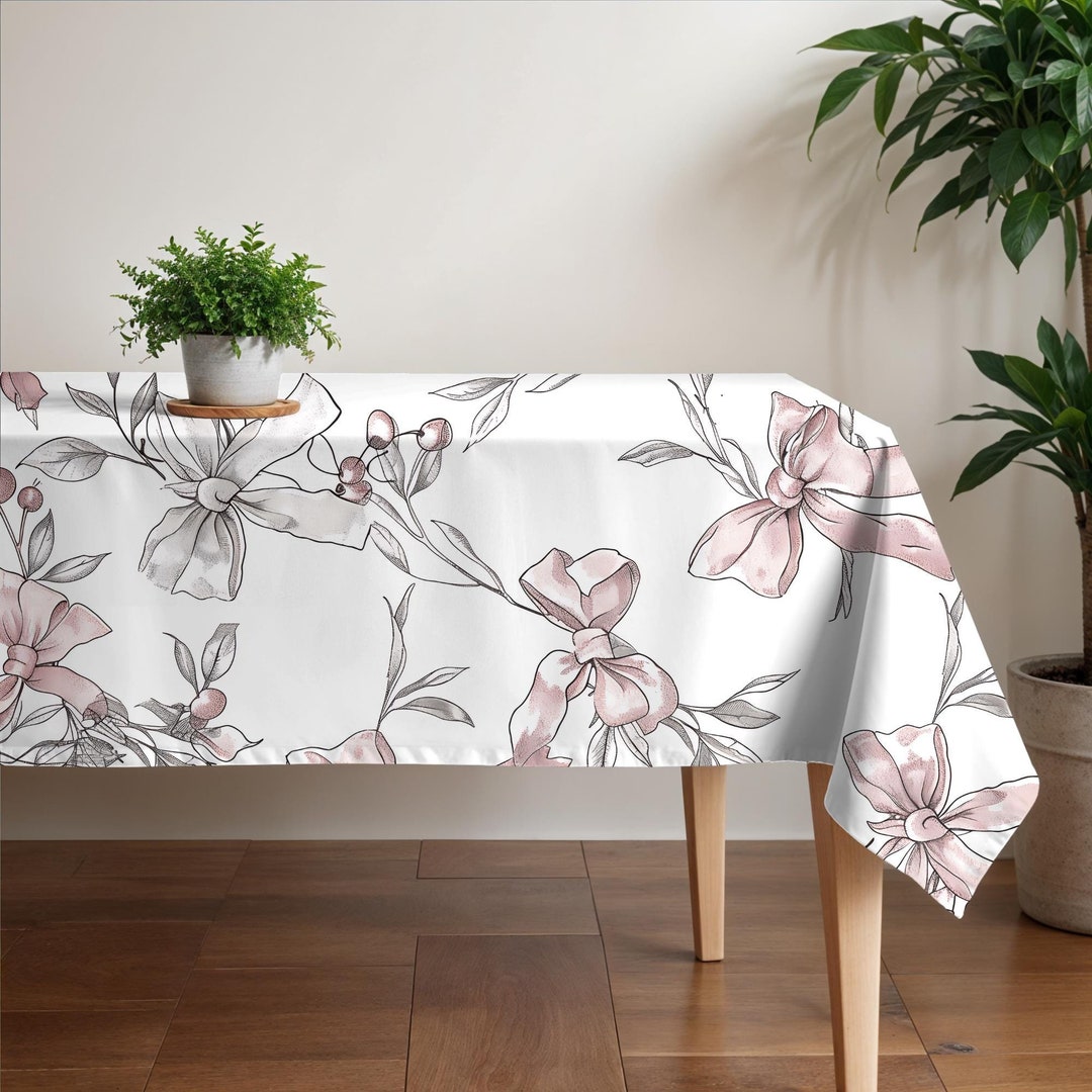 Pink Ribbon Christmas Tablecloth, Holiday Bow Table Cover, Christmas ...