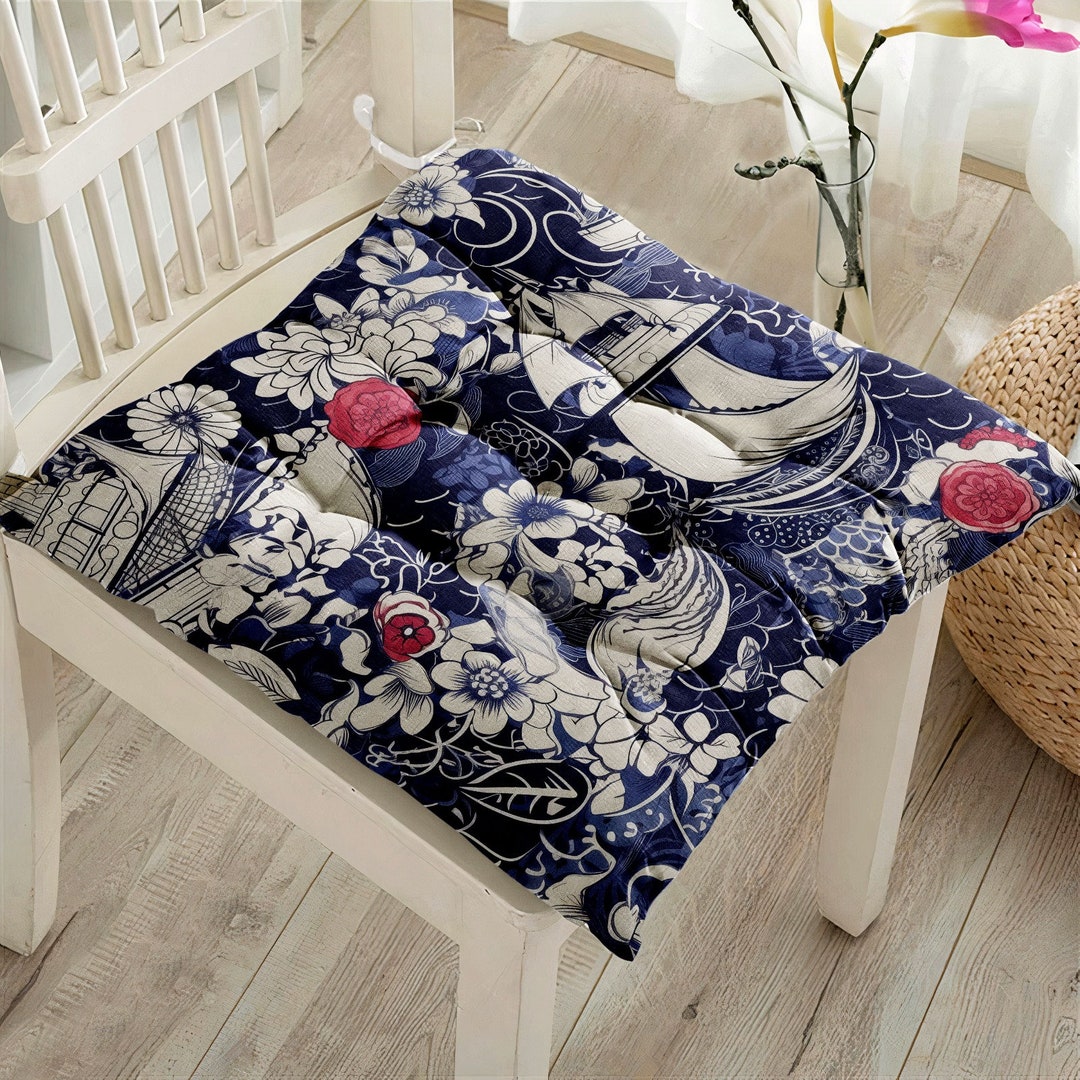 Nautical Chair Pad - Navy Blue and White Anchors, Sailboats, Fish and ...
