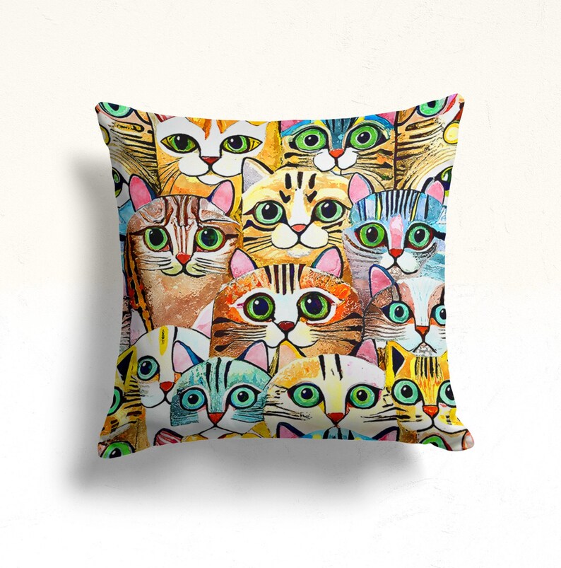 Colorful Cute Cat Cushion Cover, Boho Style Throw Pillow, Vibrant ...