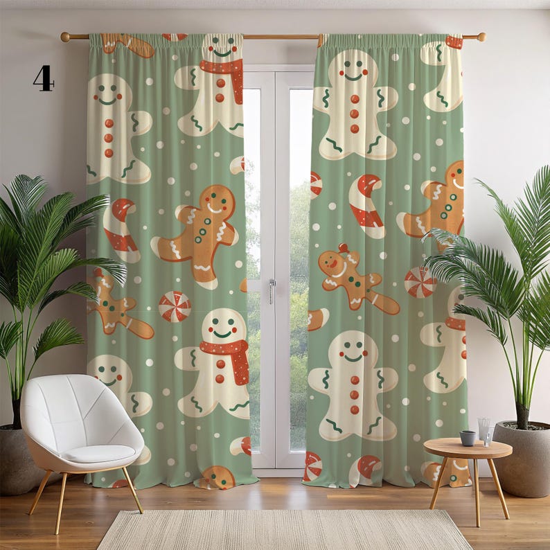 Gingerbread Cookie Christmas Curtains, Mint Green Holiday Drapes With ...