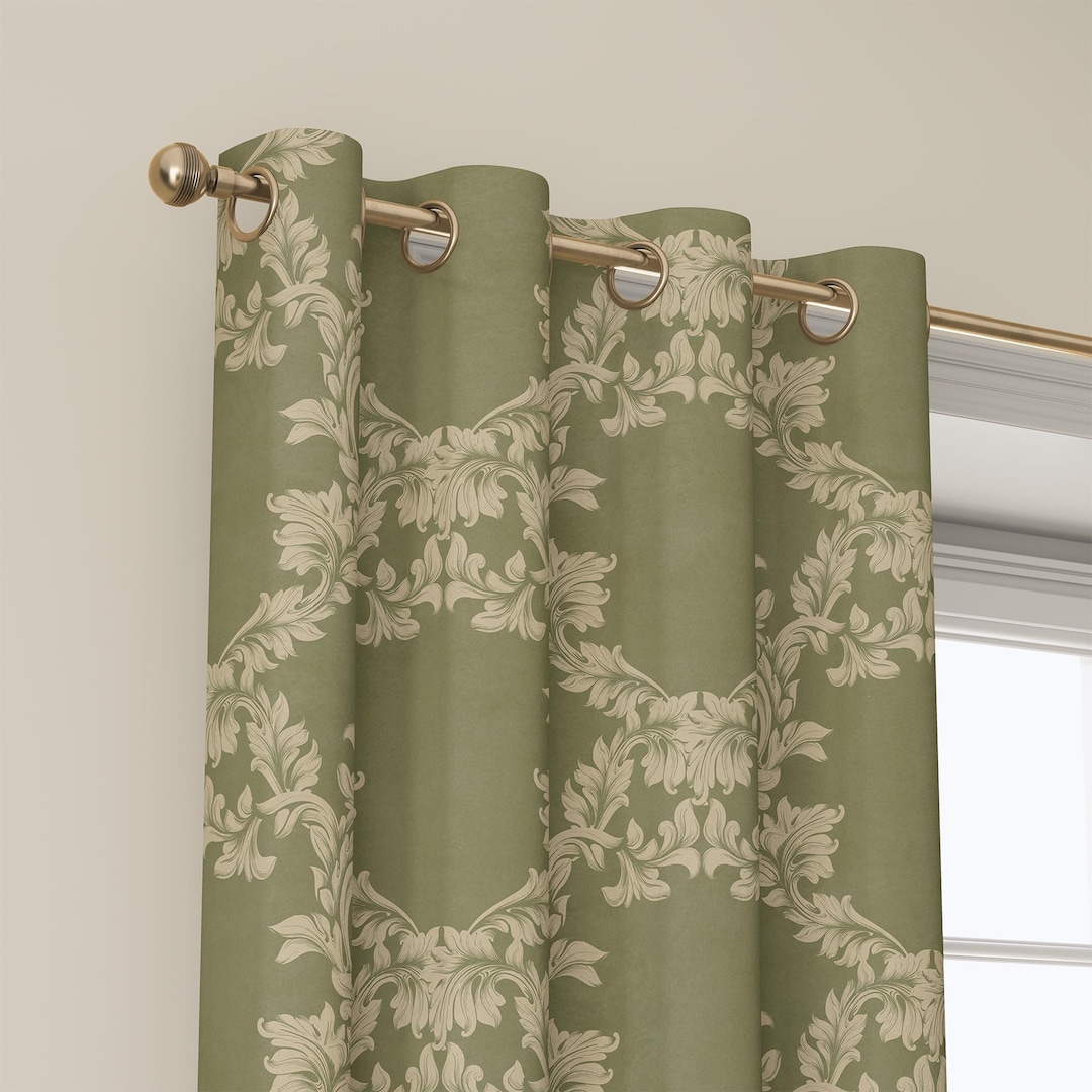 Olive Green and Beige Damask Curtains, Elegant Victorian Style Drapes ...