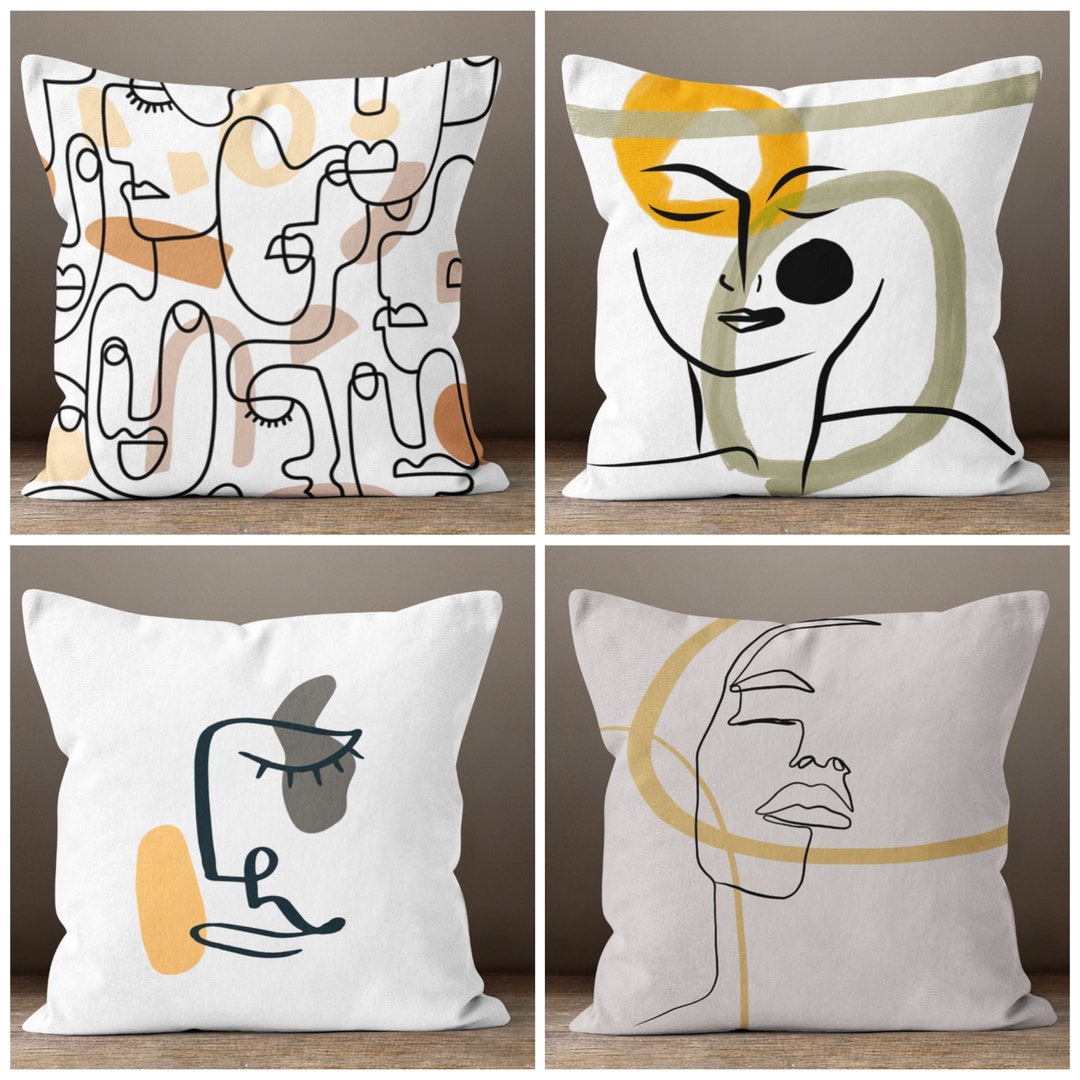 Abstract Line Art Throw Pillows – Modern Minimalist Face Cushions, Boho ...