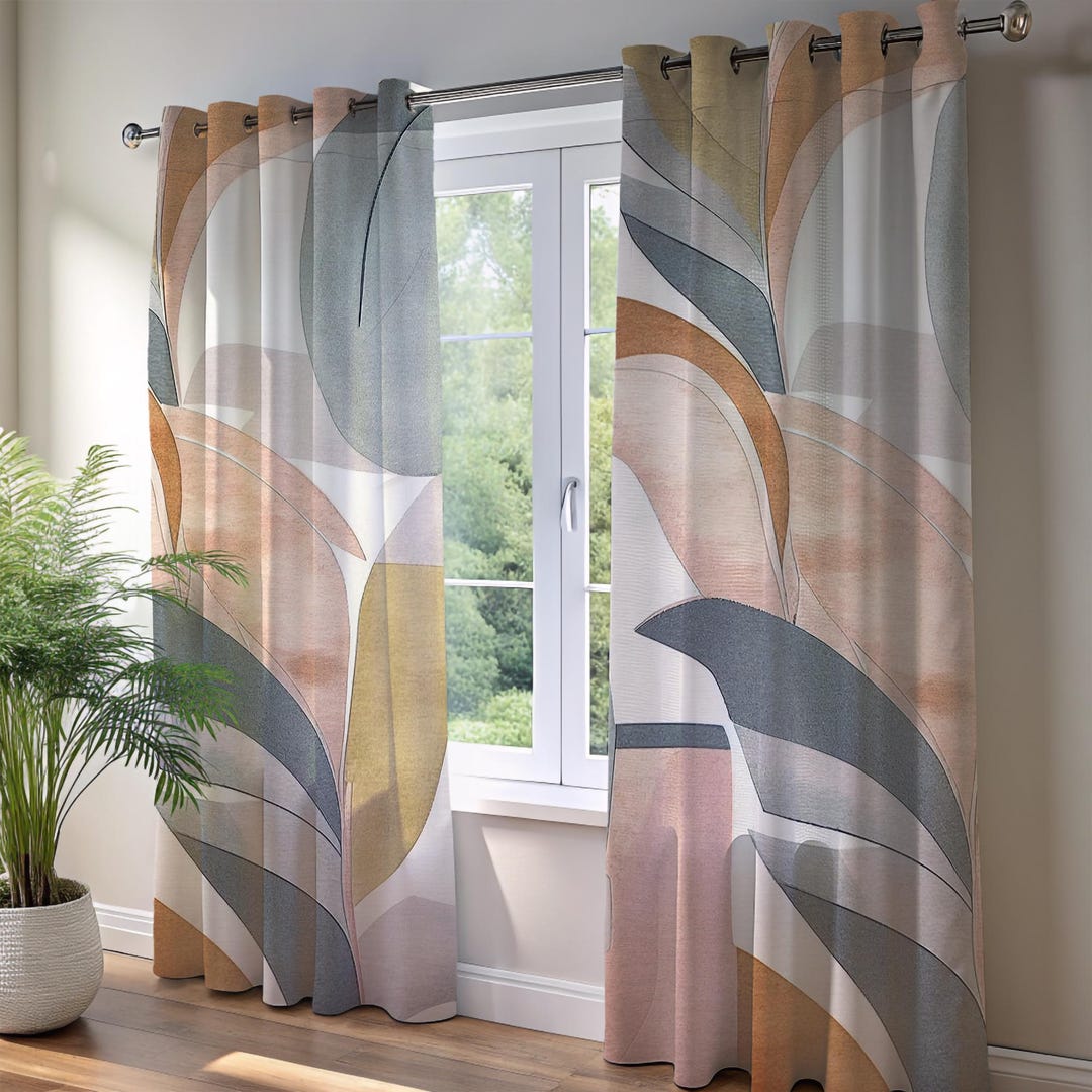 Pastel Leaf Pattern Curtains in Soft Tones, Minimalist Botanical Drapes ...