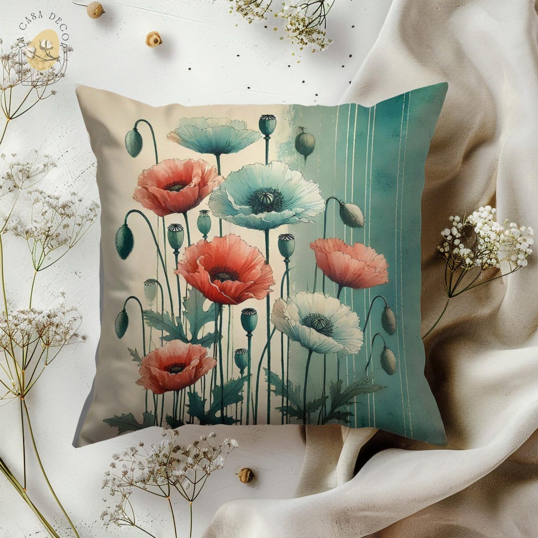 Floral Pillow Cover With Poppies, Modern Flower Cushion, Nature ...