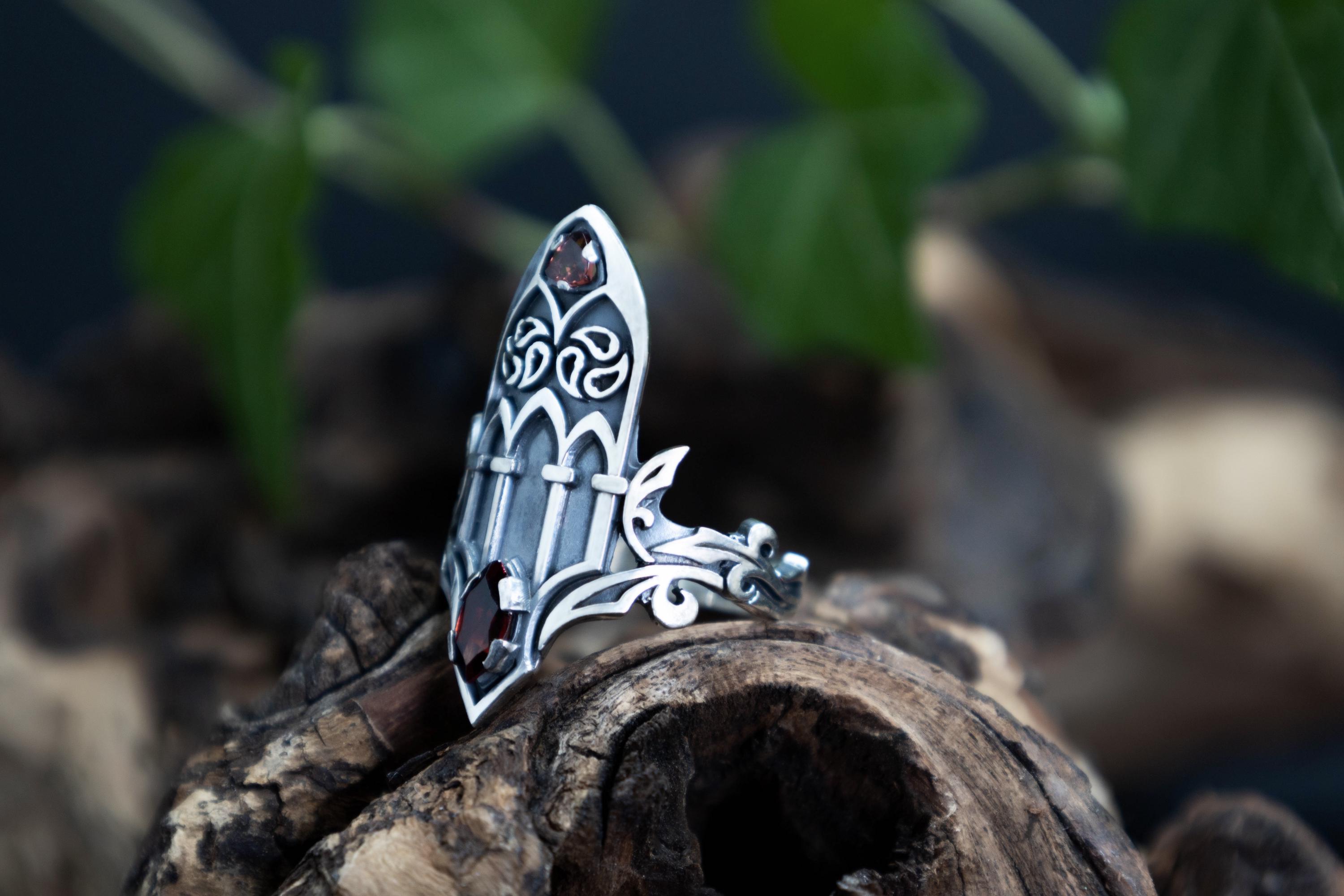 Gothic Cathedral Sterling Silver Ring With Garnets, Medieval Castle ...