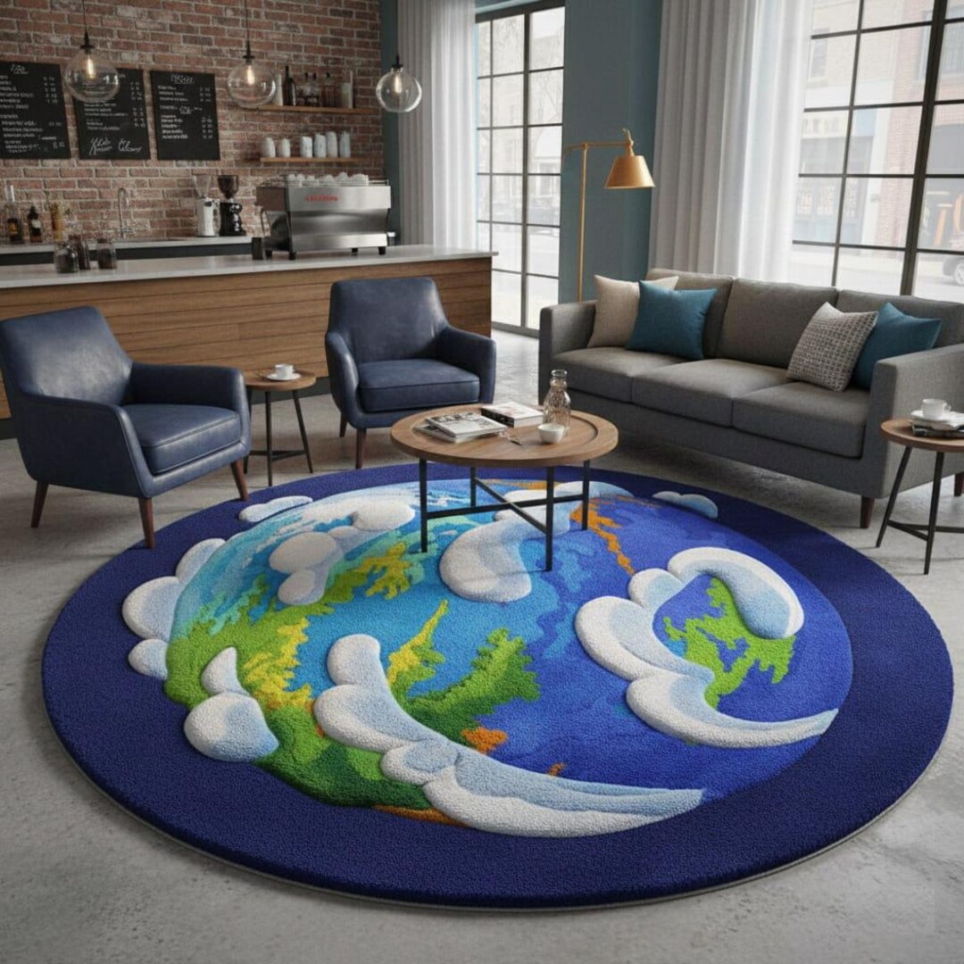 Hand Tufted Wool Area Carpet, Earth Globe Rug, Blue & Green Planet ...