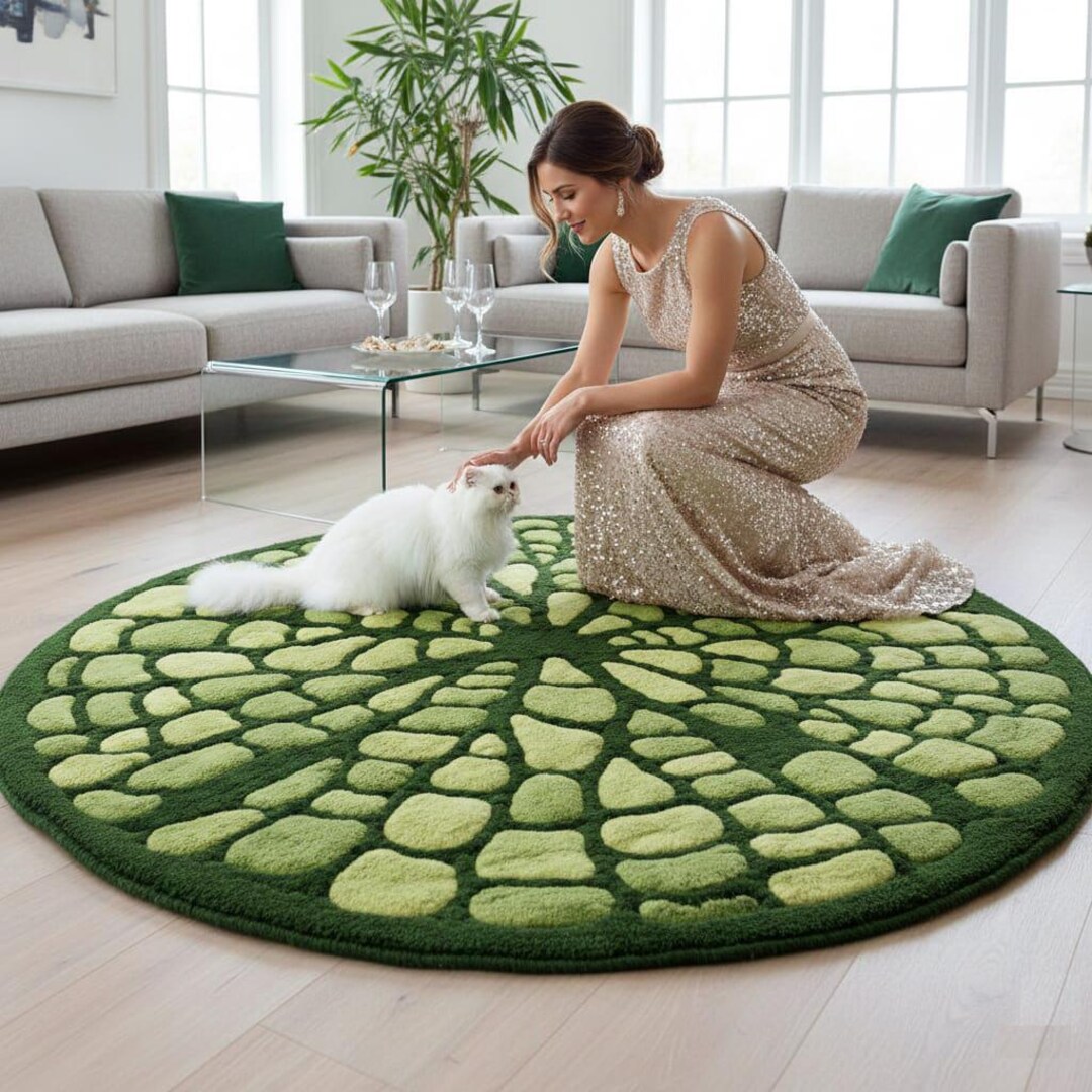 Hand Tufted Green Round Rug, Moss Leaf Pattern Wool Carpet, High Low ...