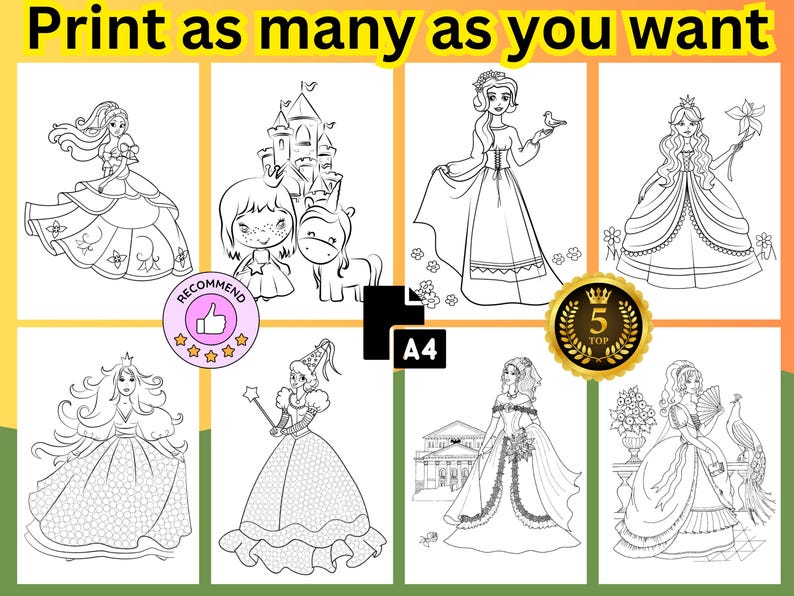 Princess Coloring Pages for Kids | Kawaii, Unicorns Coloring Books, A4 ...