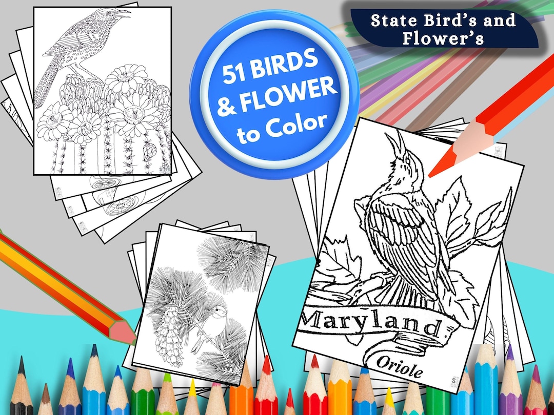 State Birds and Flowers Coloring Pages Printable – 51 US States ...
