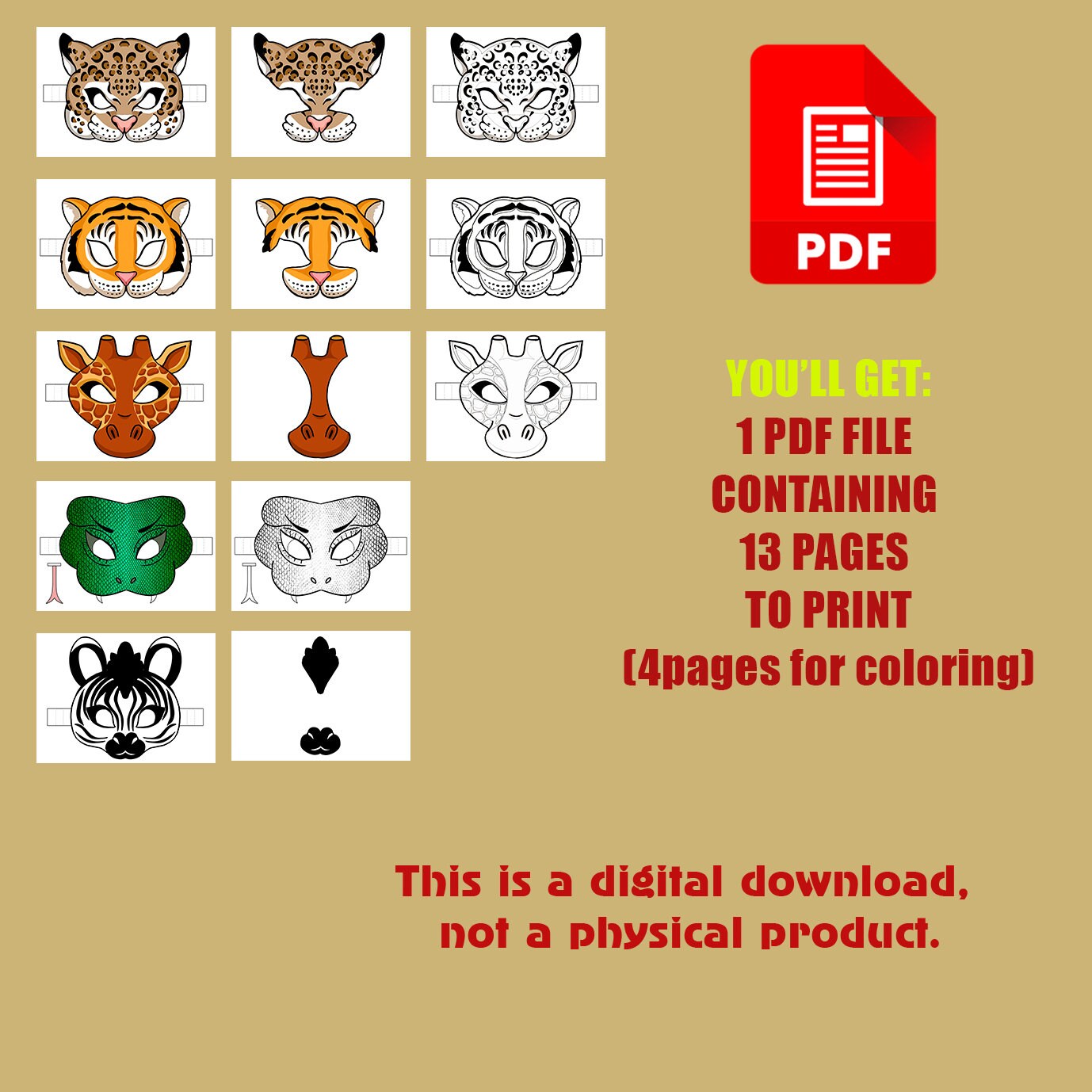 Printable Form DIY. Paper Masks. Masks for Coloring. 5 Masks - Tiger ...