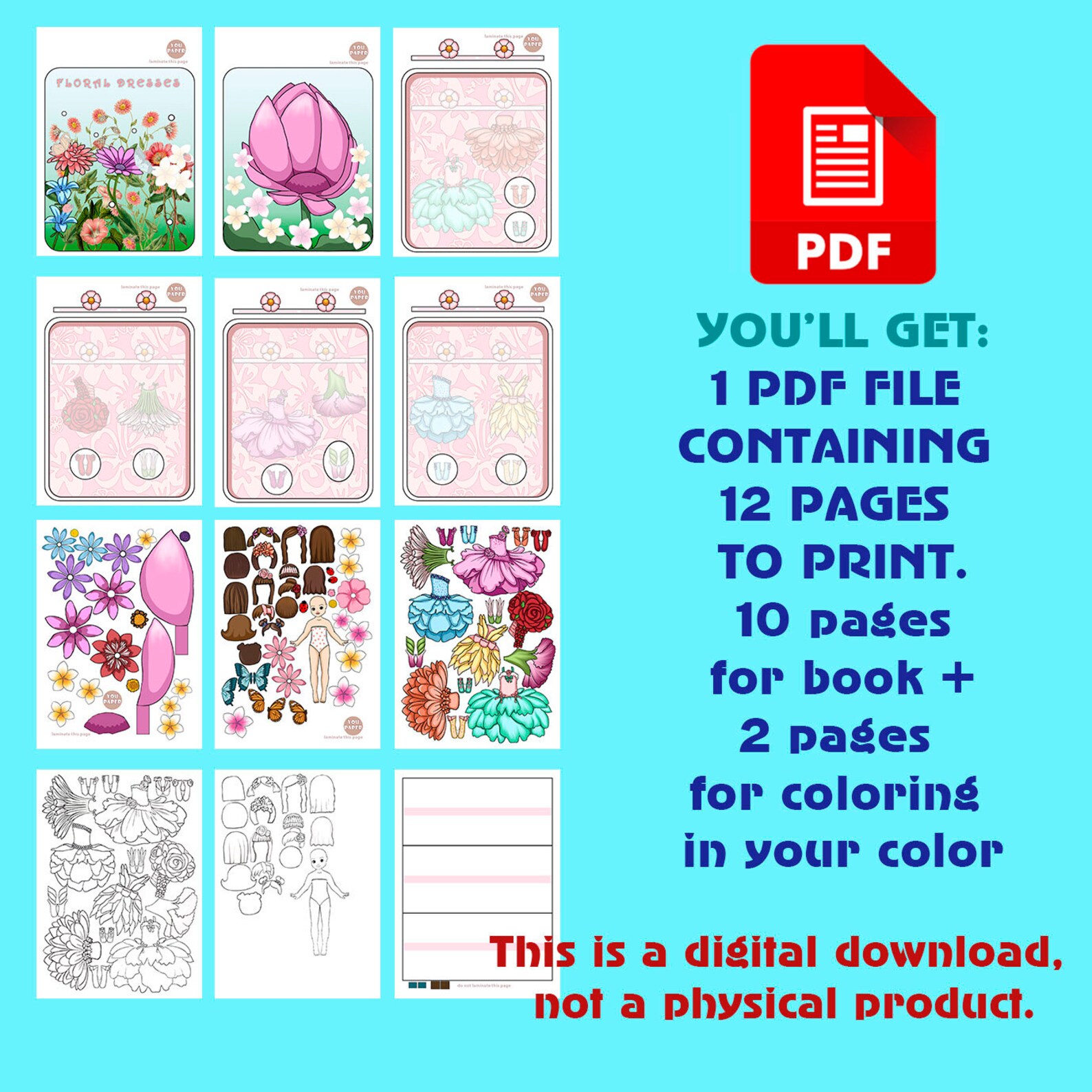 Flower Dresses for Paper Doll. Quiet Book. Cut Out Paper Doll. DIY Busy ...