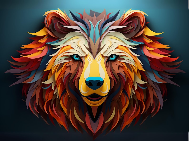 Colorful Grizzly Bear Papercut Art Print Modern Wildlife Bear Wall Art ...