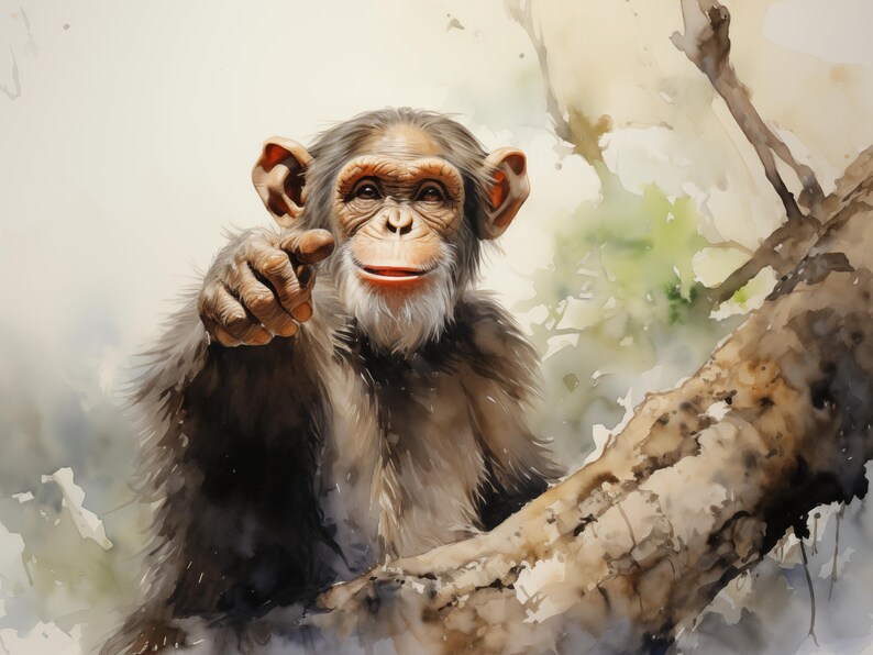 Playful Monkey Wall Art: Pointing Finger at You - Watercolor Painting ...