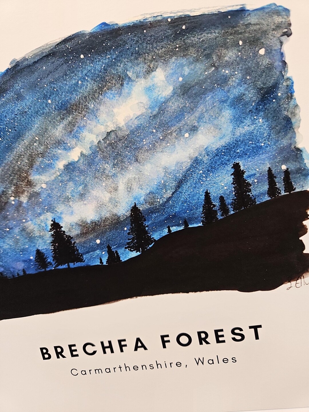 A4 Midnight Brechfa Forest Original Watercolour Art Print. Milky Way ...