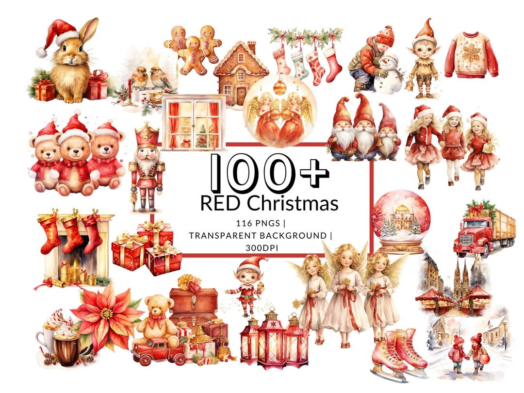 Red Christmas Watercolor Clipart Watercolor Illustrations - Etsy