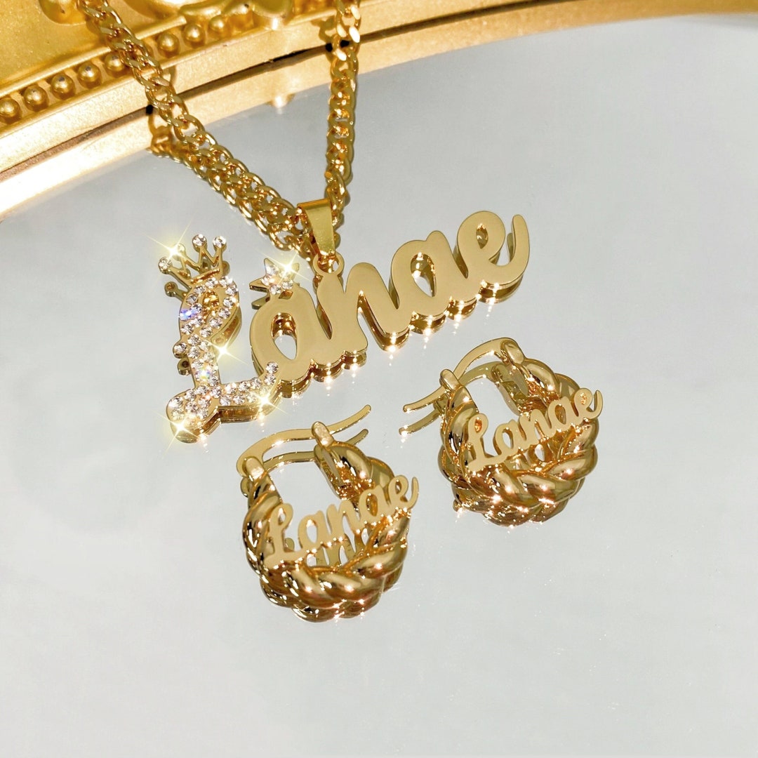 Diamond Name Neckalce Set, Personalized Earring Neckalce, Bling Name ...