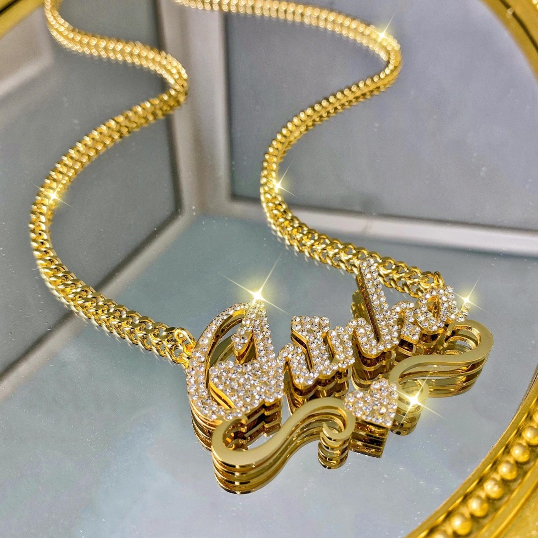 Diamond Name Necklace, Custom Necklace Gold, Double Name Plate Necklace ...