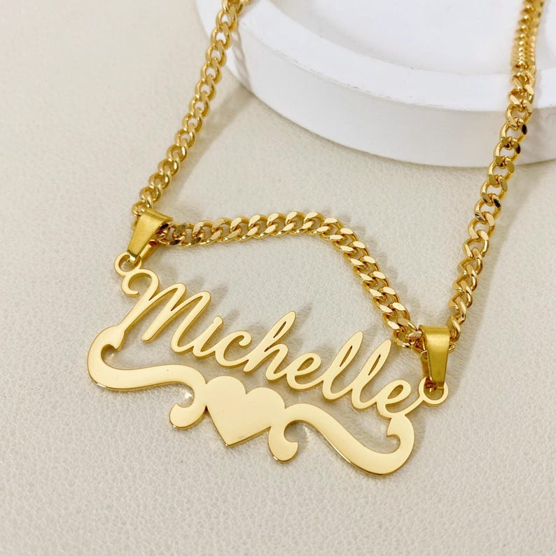 14K Gold Name Jewelry Set: Heart Bamboo Hoops & Name Plate Necklace - Etsy
