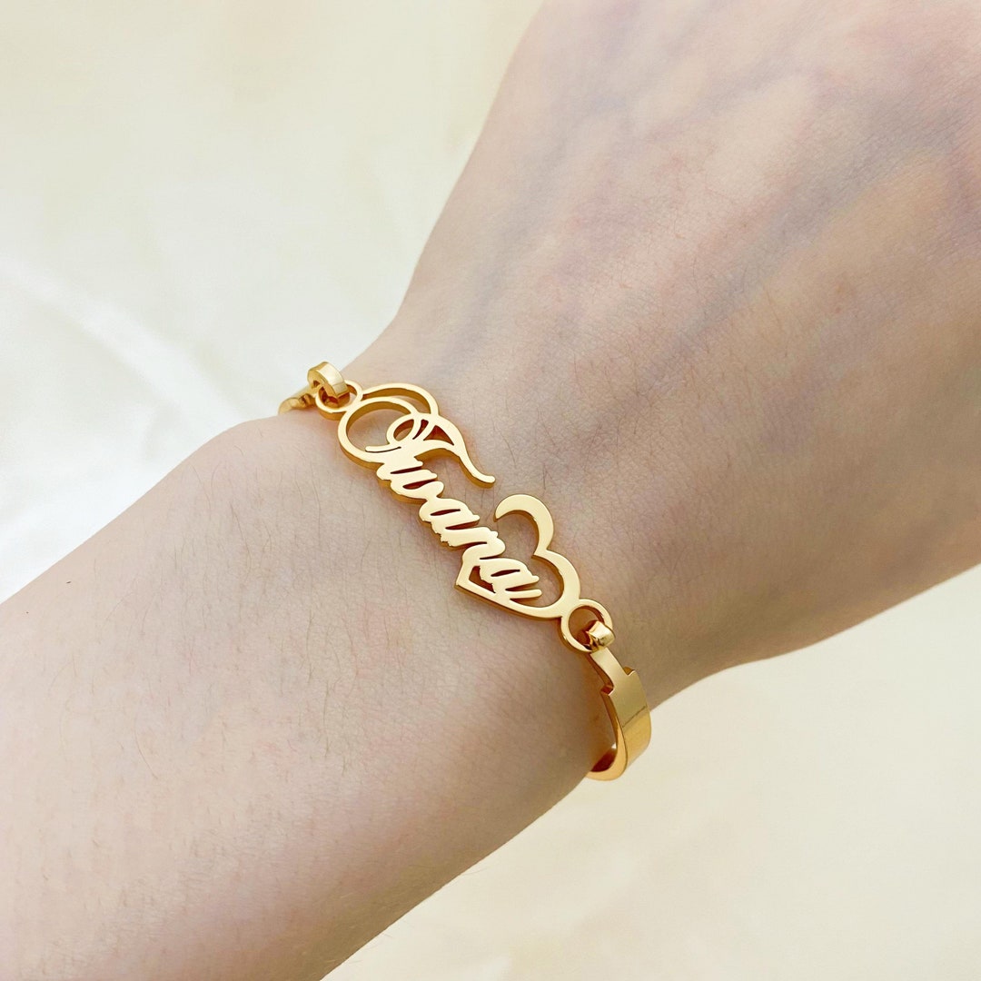 Personalized Name Bangle With Heart: Gold Nameplate Bangle for Women ...