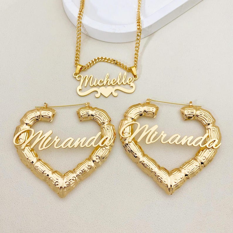 14K Gold Name Jewelry Set: Heart Bamboo Hoops & Name Plate Necklace - Etsy