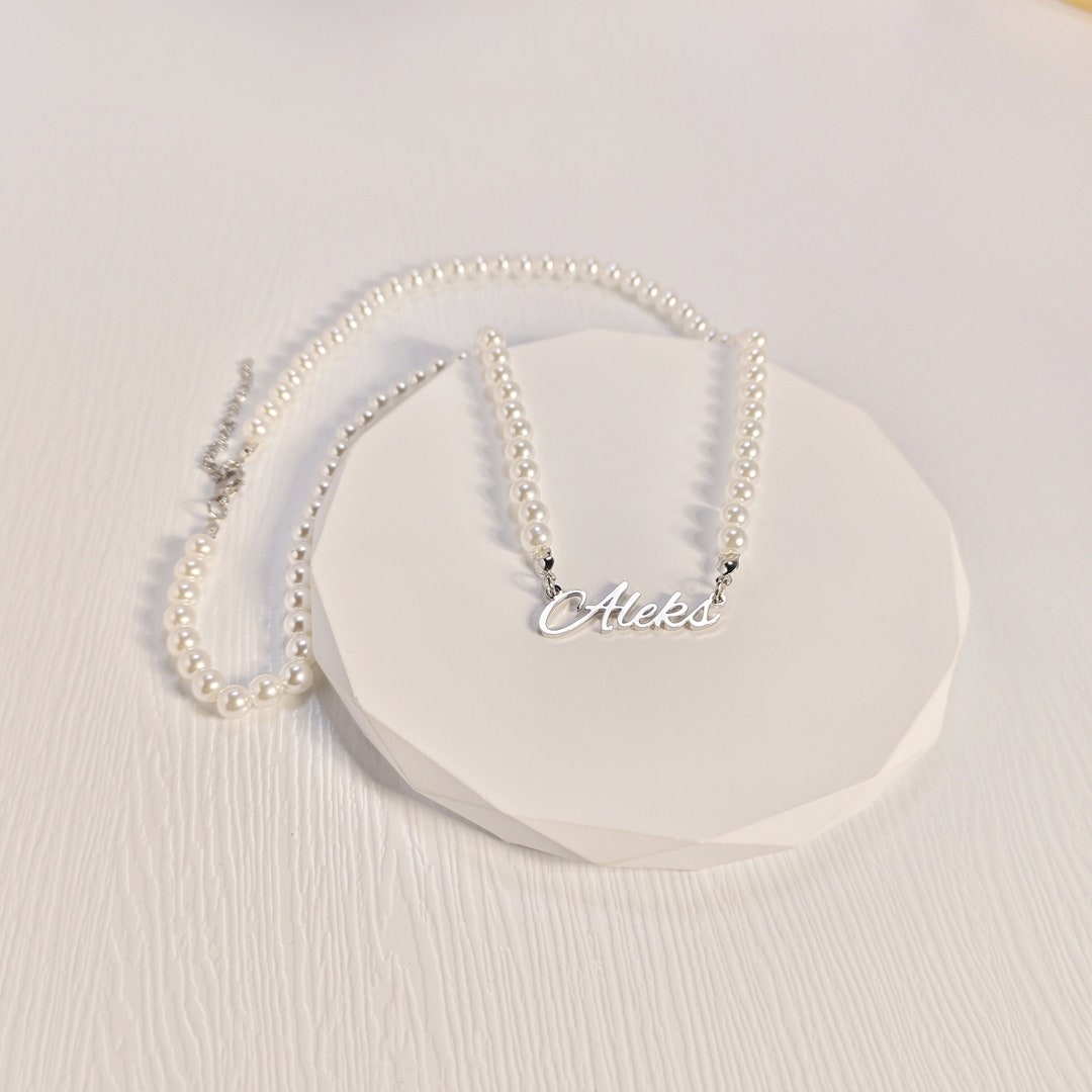 Custom Name Pearl Necklace • Personalized Necklace • Silver Letter ...