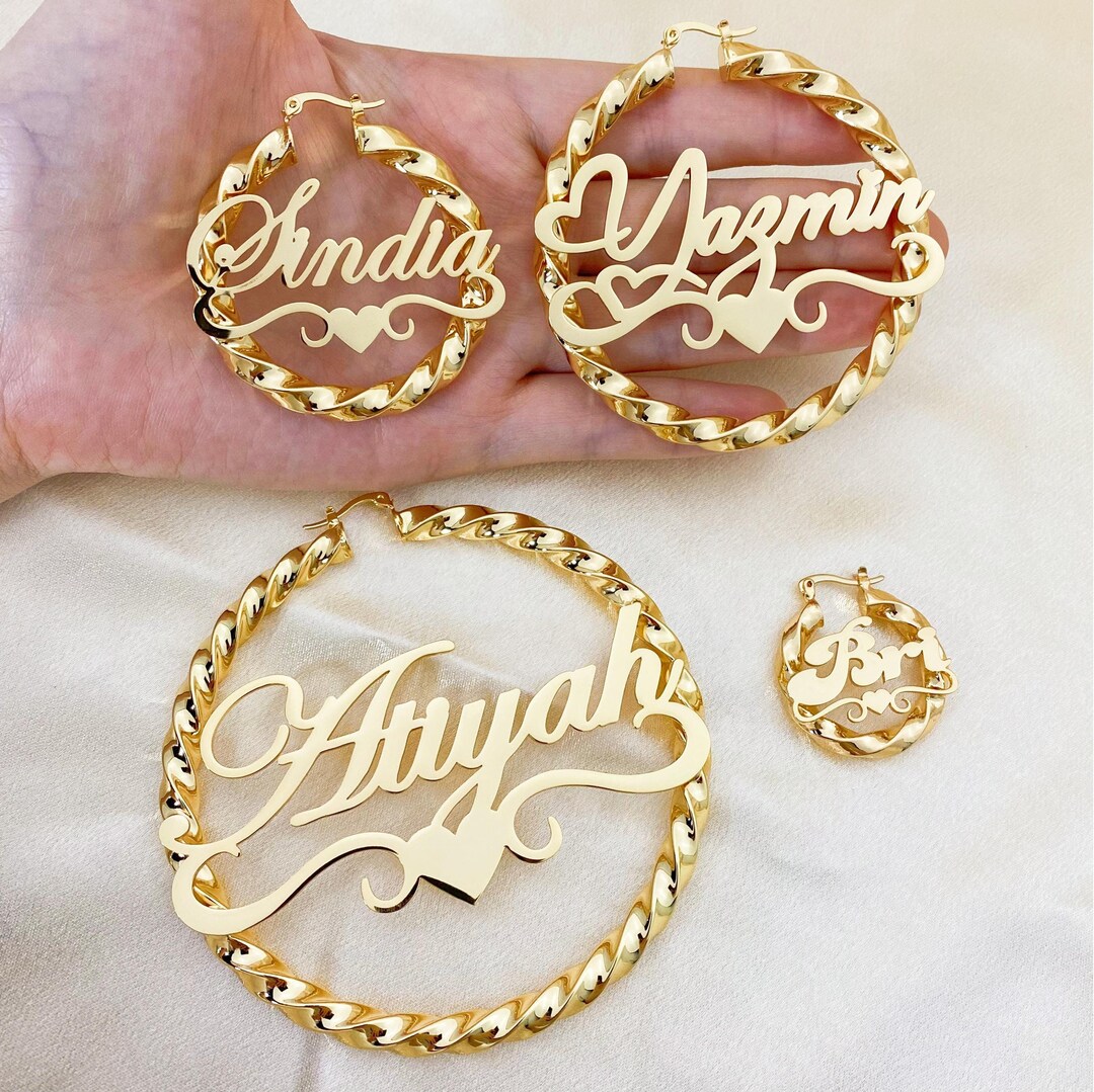 Custom Hoops Earrings, Name Twist Hoops, Name Earrings Gold,large Hoop ...